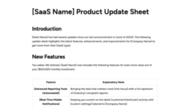 [SaaS Name] Product Update Sheet